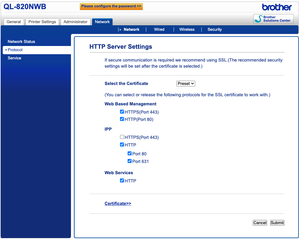 Configure Brother QL-810Wc and QL-820NWBc AirPrint Settings