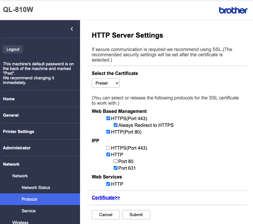 Configure Brother QL-810Wc and QL-820NWBc AirPrint Settings