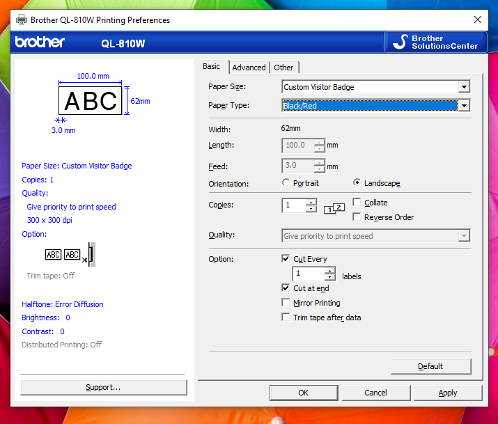 Configure Brother QL-810W Printer Settings for Windows